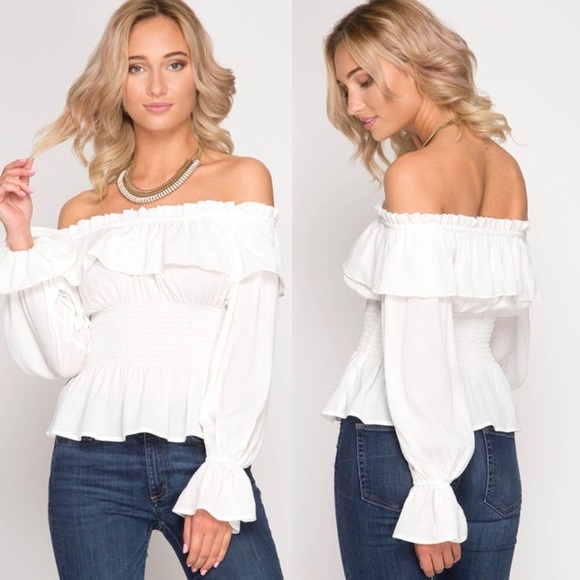 Tops | Ruffle Off White Off Shoulder Top | Poshmark